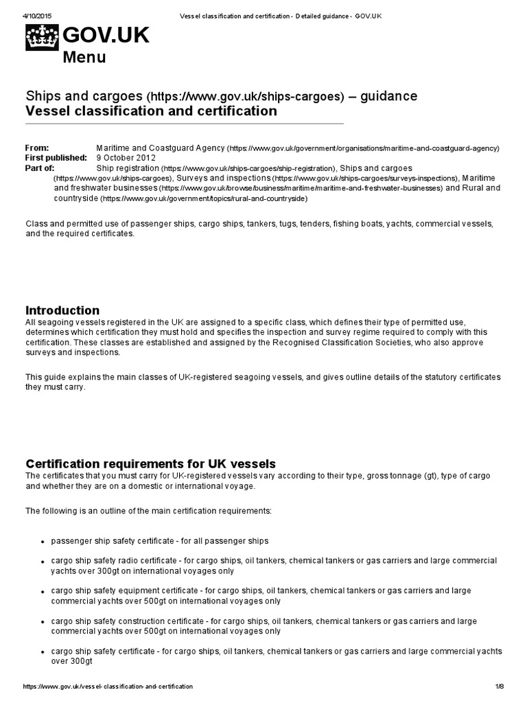 Vessel Classification and Certification - Detailed Guidance - GOV PDF | PDF