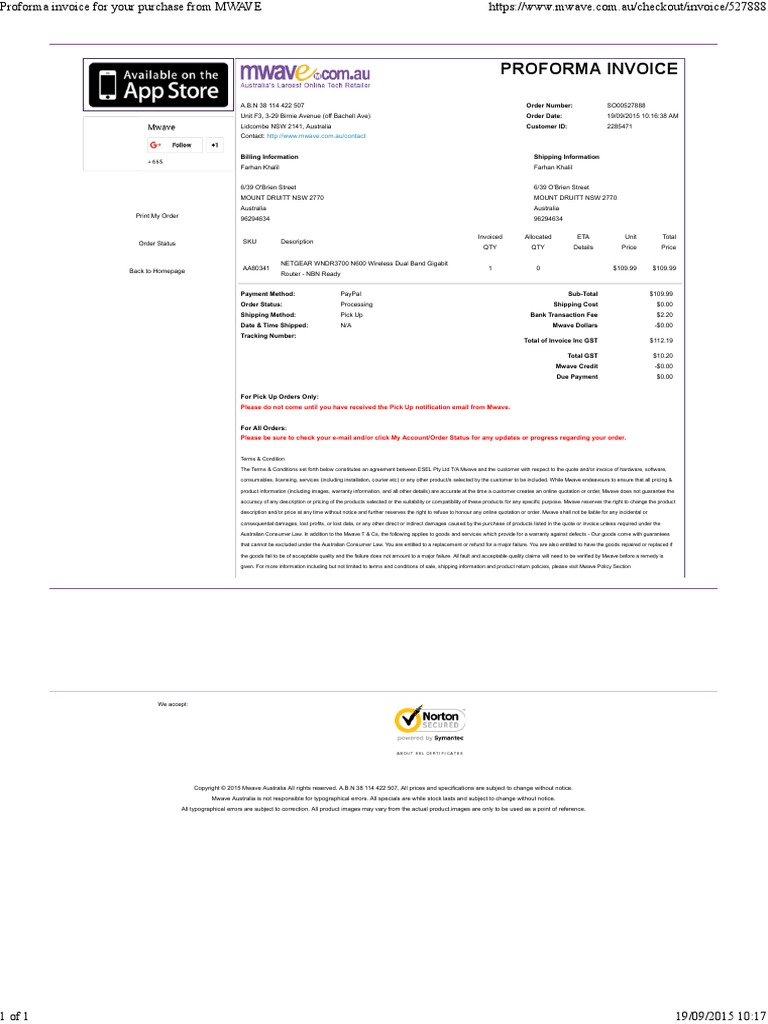 Proforma Invoice For Your Purchase From MWAVE | PDF | Invoice ...
