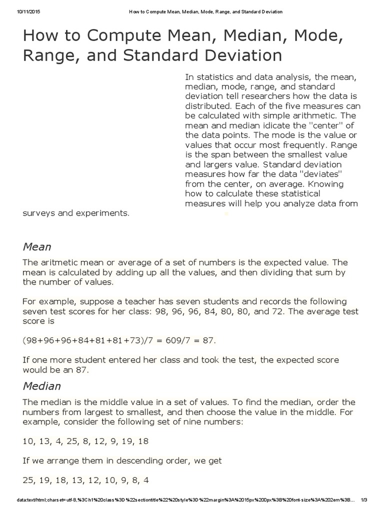 How To Compute Mean, Median, Mode, Range, and Standard Deviation | PDF ...
