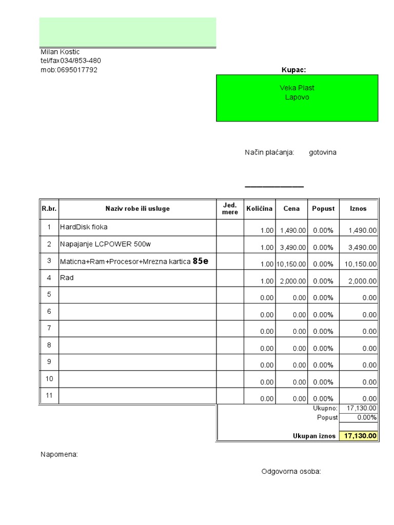 Obrazac Racuna Predracuna | PDF