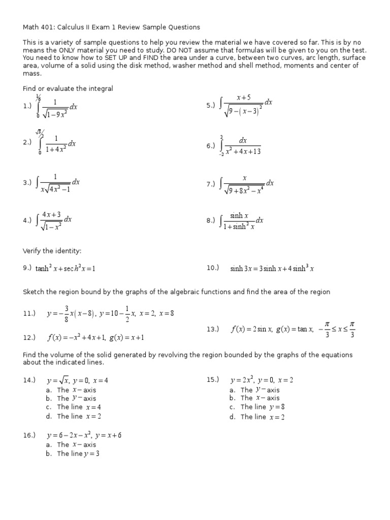 Calculus II Exam Review Guide | PDF | Integral | Volume
