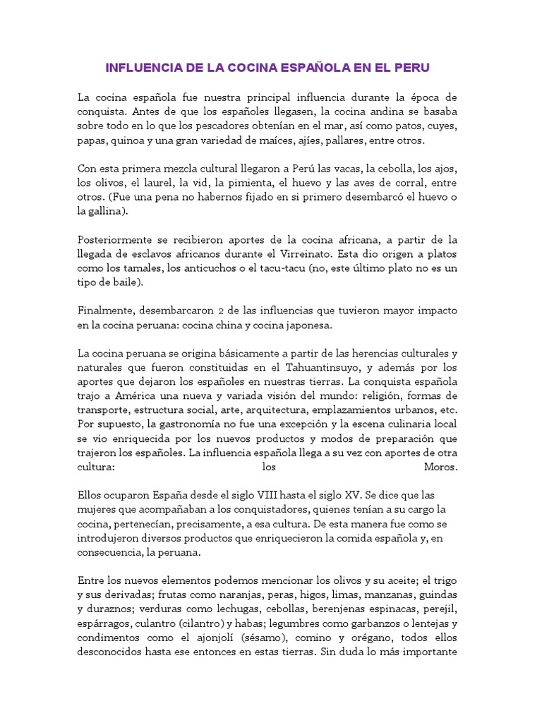 Influencia Española en la Cocina Peruana | PDF | Comida y bebida ...
