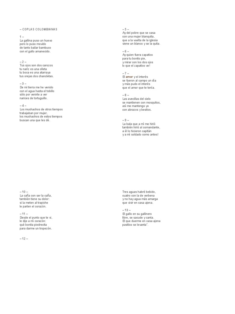 Coplas Colombianas Tradicionales | PDF | Poesía