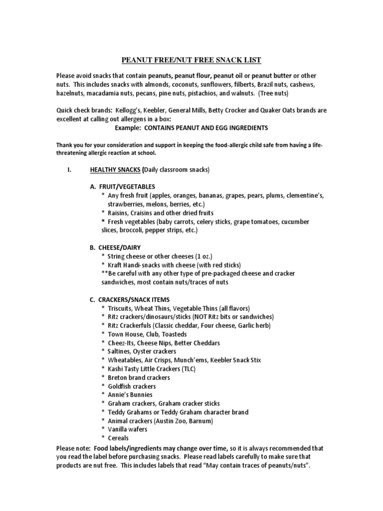 Nut Free Snack List | PDF | Food And Drink | Food Industry