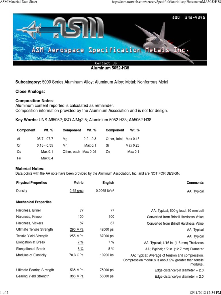 Aluminum 5052 H38 | PDF | Ultimate Tensile Strength | Strength Of Materials