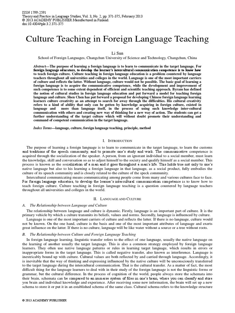 Culture Teaching In Foreign Language Teaching Pdf Second Language