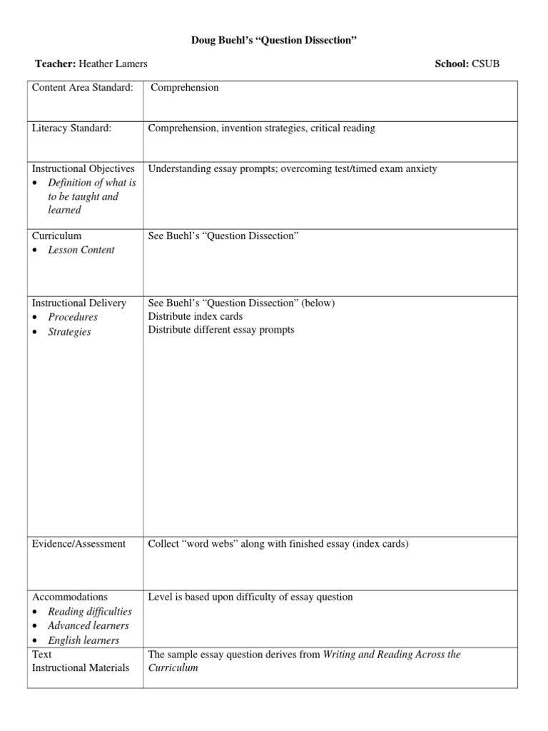 Doug Buehl's-Question Dissection | PDF | Language Arts & Discipline