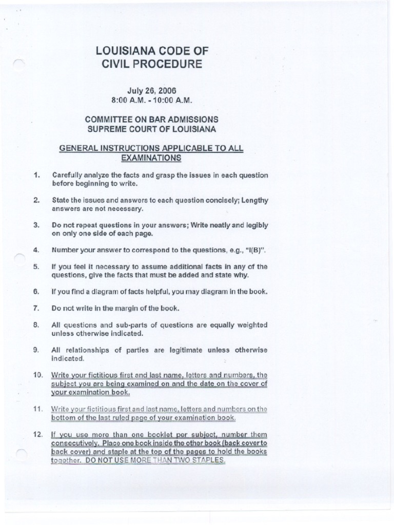 July 2006 Bar Exam Louisiana Code of Civil Procedure | PDF | Legal ...