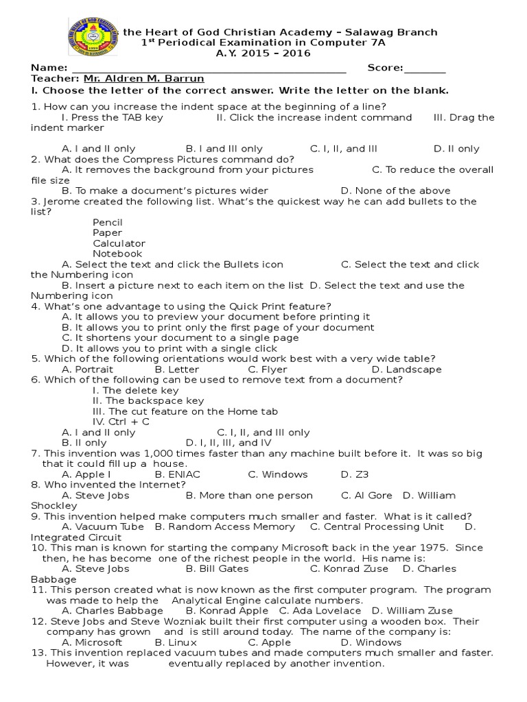 Computer 7 Exam | PDF | Computer Data Storage | Floppy Disk