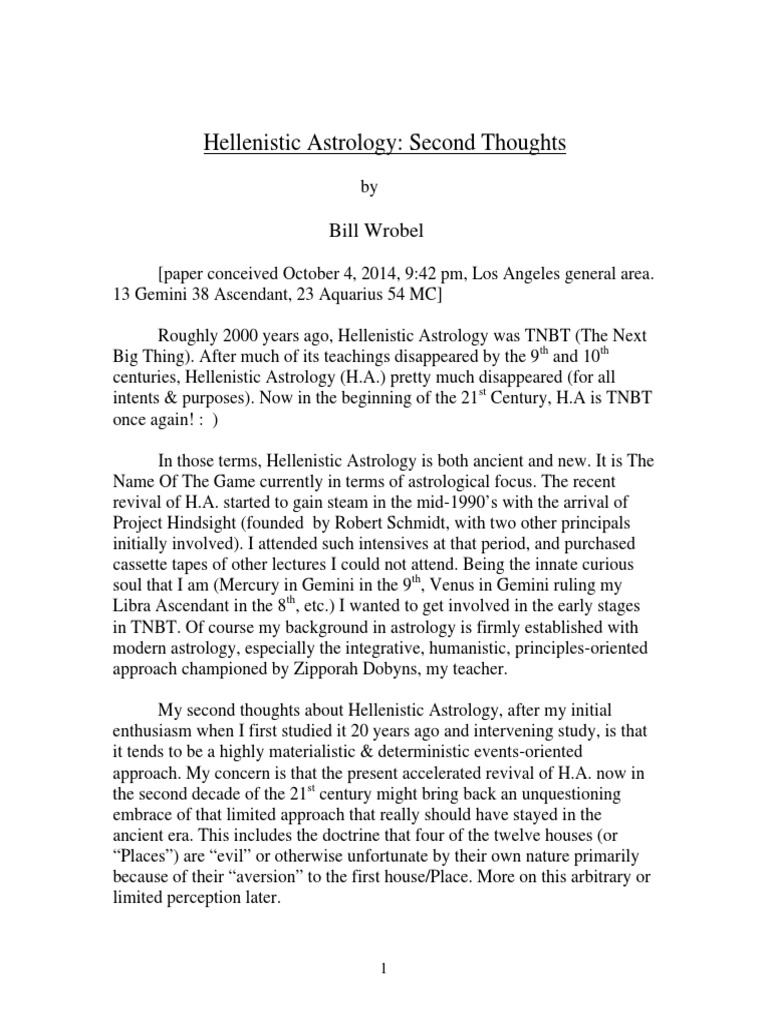 Hellenistic Astrology: Second Thoughts: Bill Wrobel | PDF | Planets In ...