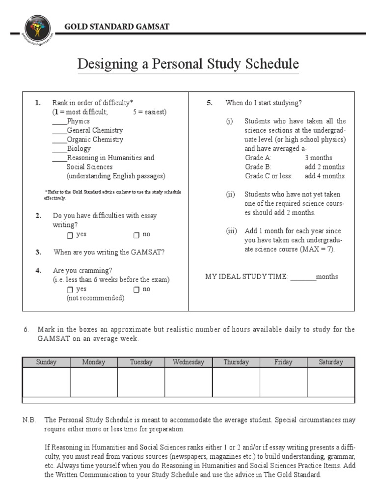 Personal Study Schedule | PDF