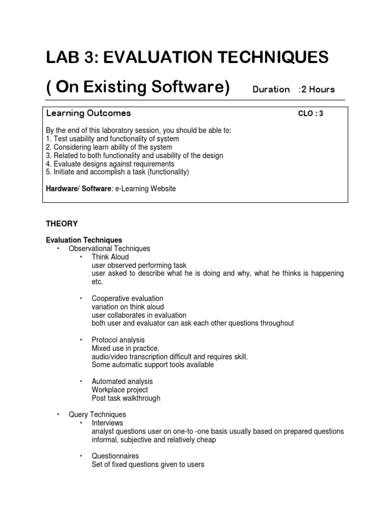 Lab 3: Evaluation Techniques (On Existing Software) : Duration:2 Hours ...