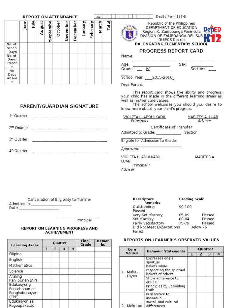 DepEd Form 138 Progress Report Guide | PDF | Career & Growth | Social ...