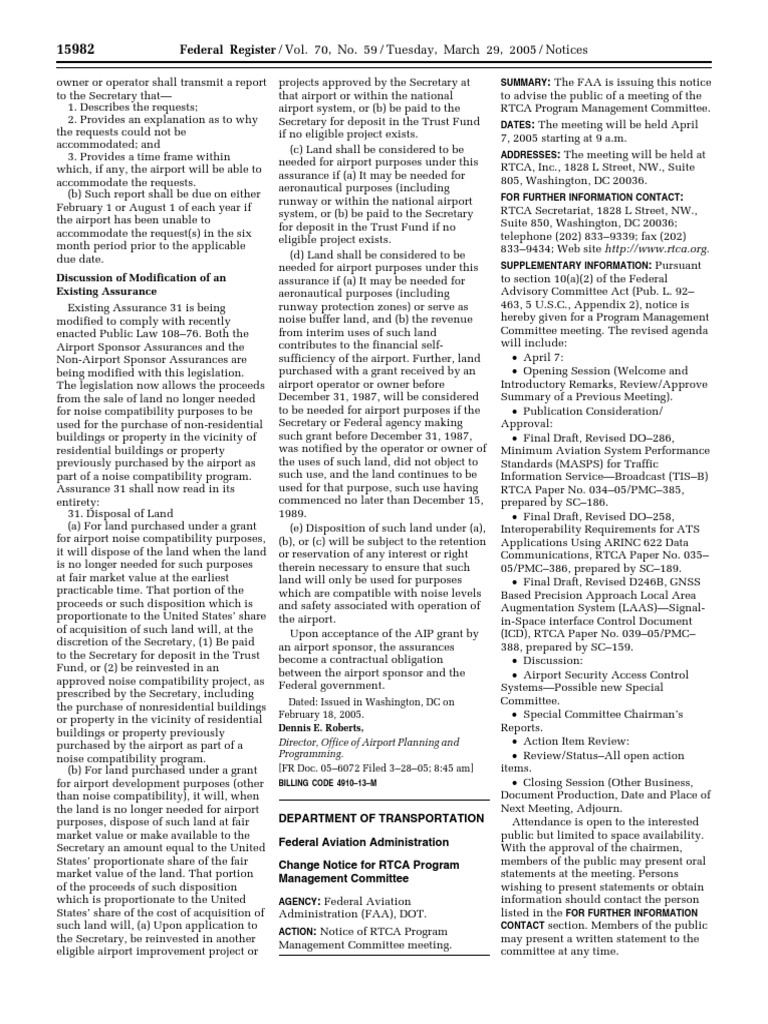 Notice: Grants and Cooperative Agreements Availability, Etc.: RTCA Program Management Committee ...