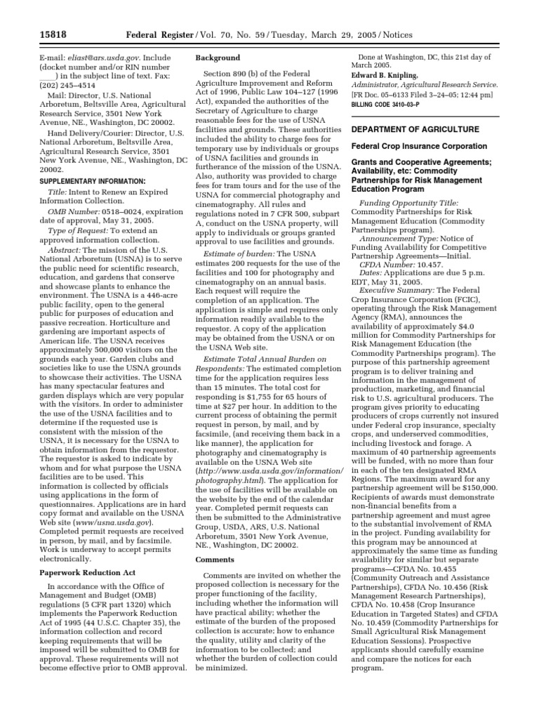 Notice: Grants and Cooperative Agreements Availability, Etc.: Commodity Partnerships For Risk ...