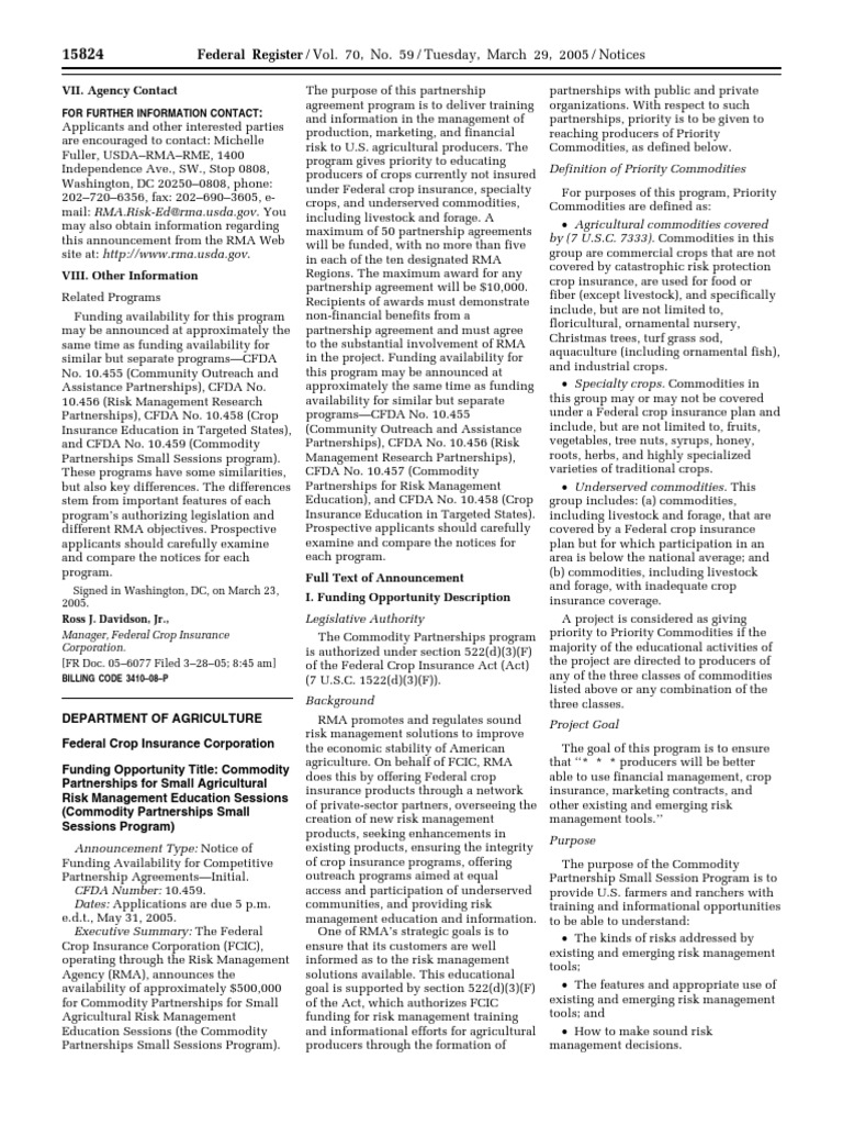 Notice: Grants and Cooperative Agreements Availability, Etc.: Commodity Partnerships Small ...