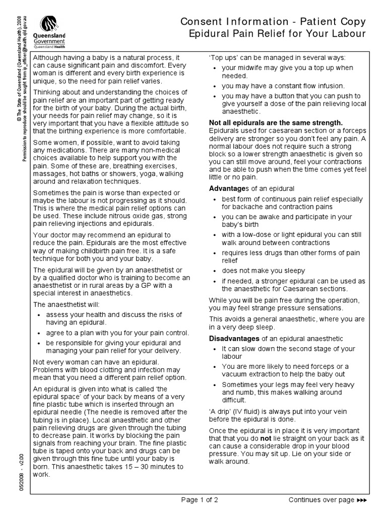 Consent Information - Patient Copy Epidural Pain Relief For Your Labour ...