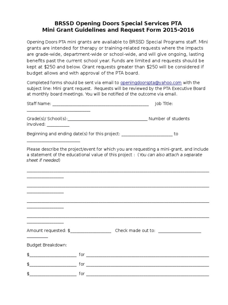 BRSSD Opening Doors Special Services PTA Mini Grant Guidelines and Request Form 2015-2016 | PDF ...