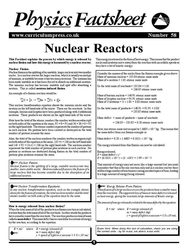 Nuclear Reactors: Factsheet Physics | PDF | Nuclear Fission | Nuclear Reactor