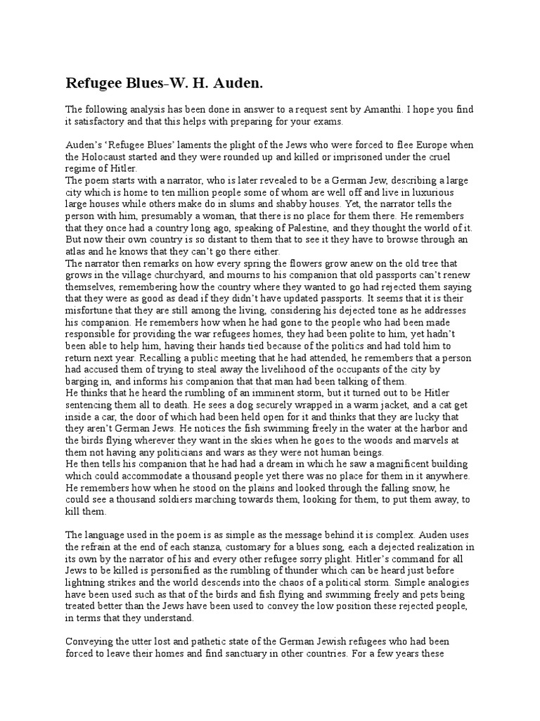 Refugee Blues - Poetry Analysis | PDF | Nazi Germany | The Holocaust