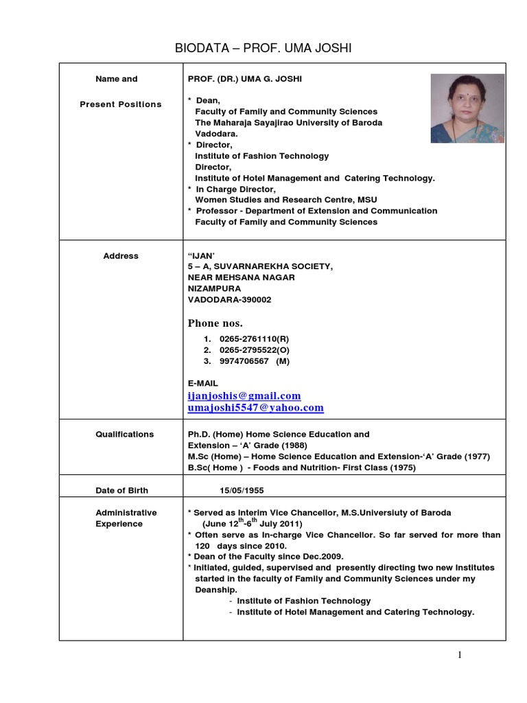 Revised .Dr. Uma Joshi Biodata March 14 | PDF | Postgraduate Education | Home Economics