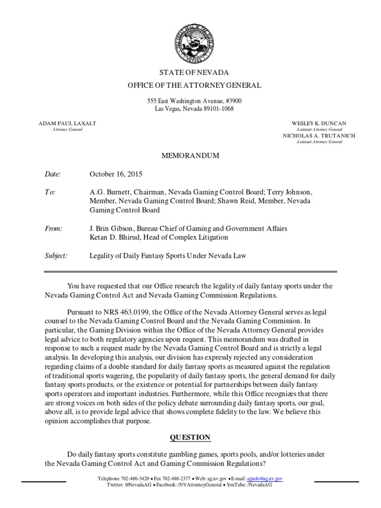 Attorney General Memo | Daily Fantasy Sports | Gambling