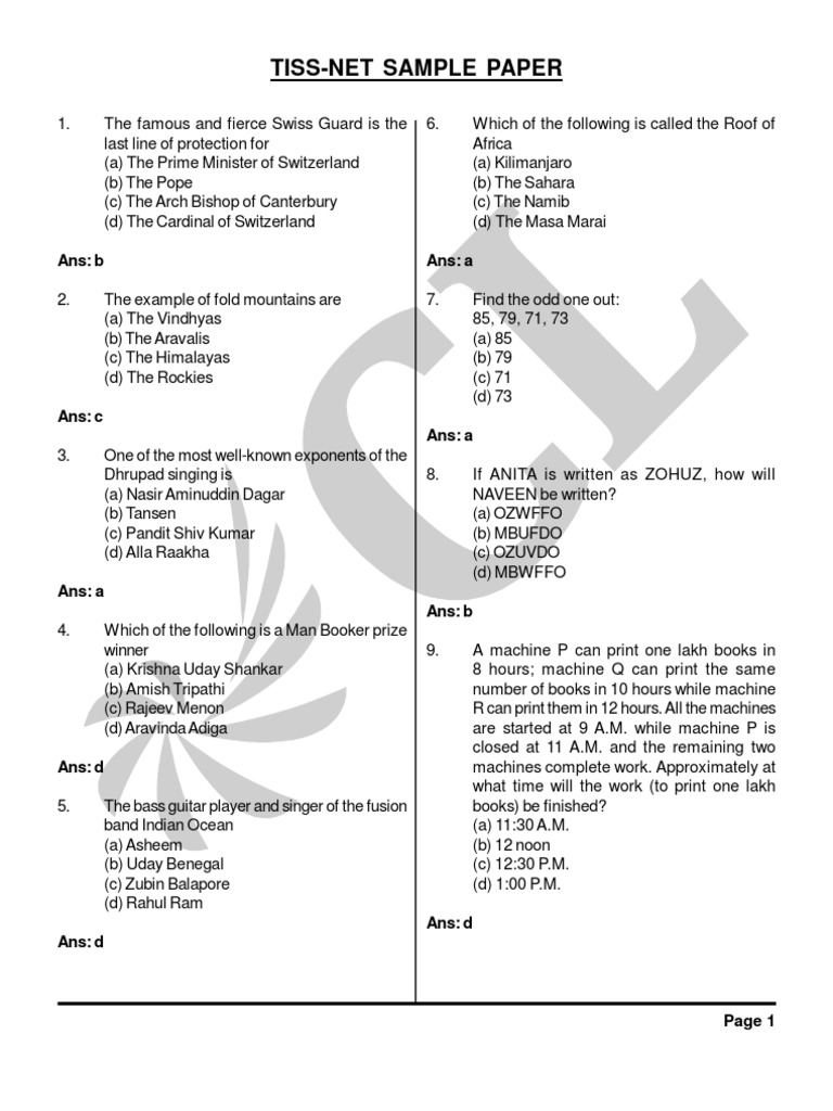 Tiss-Net Sample Paper: Ans: B Ans: A | PDF