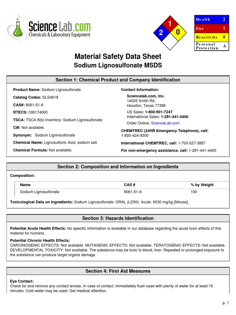 Sodium Lignosulfonate MSDS: Section 1: Chemical Product and Company ...