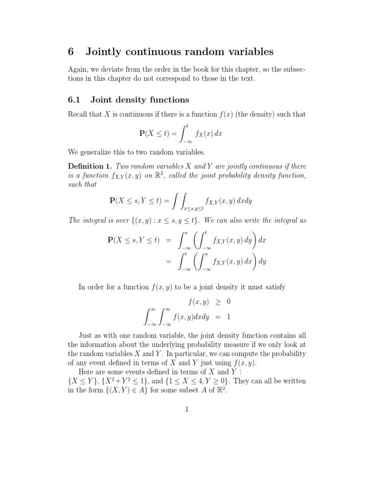 6 Jointly Continuous Random Variables: 6.1 Joint Density Functions | Download Free PDF ...