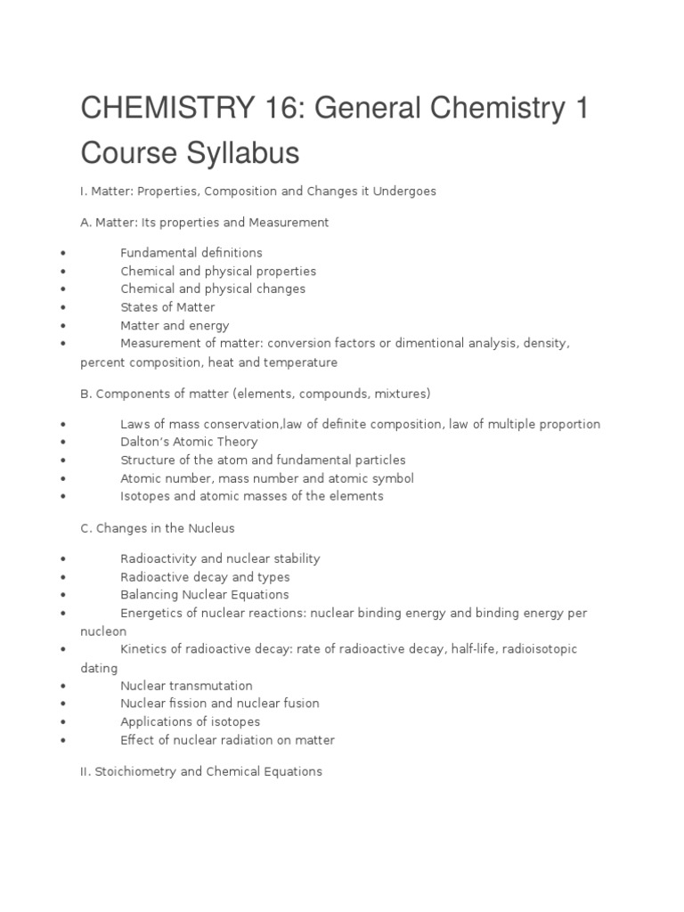 CHEMISTRY 16: General Chemistry 1 Course Syllabus | PDF | Nuclear ...