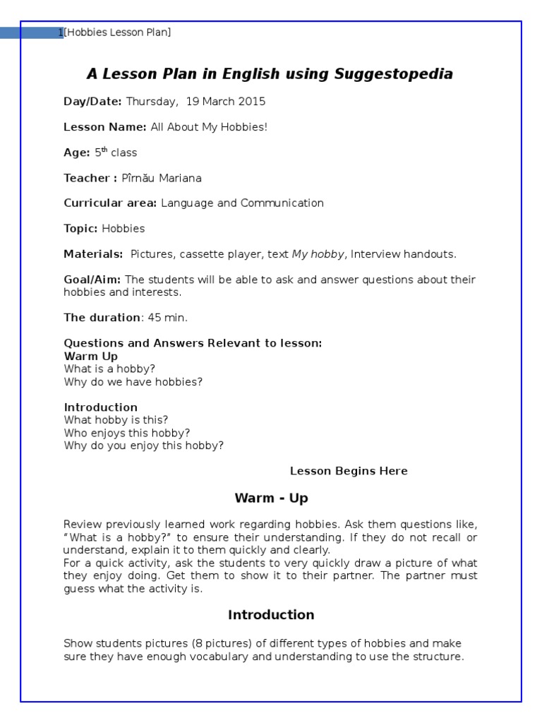 Hobbies Lesson Plan Using Suggestopedia | PDF | Lesson Plan | Question