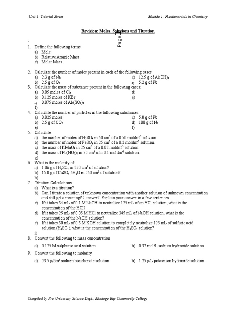 Revision: Moles, Solutions and Titration: Unit 1: Tutorial Series ...