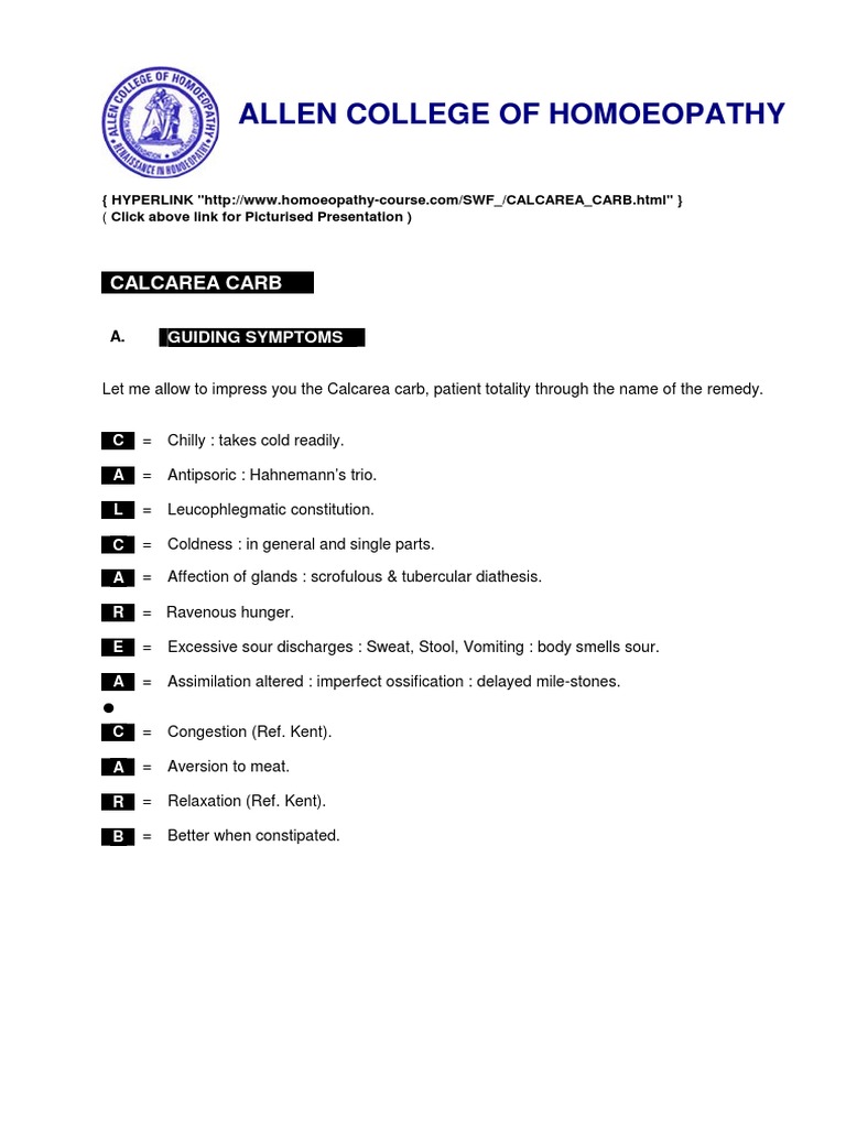 Allen College of Homoeopathy: Calcarea Carb | PDF | Homeopathy | Anxiety