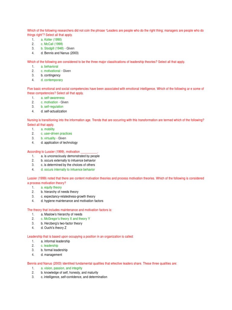 25 Test Bank Questions | PDF | Leadership | Motivation