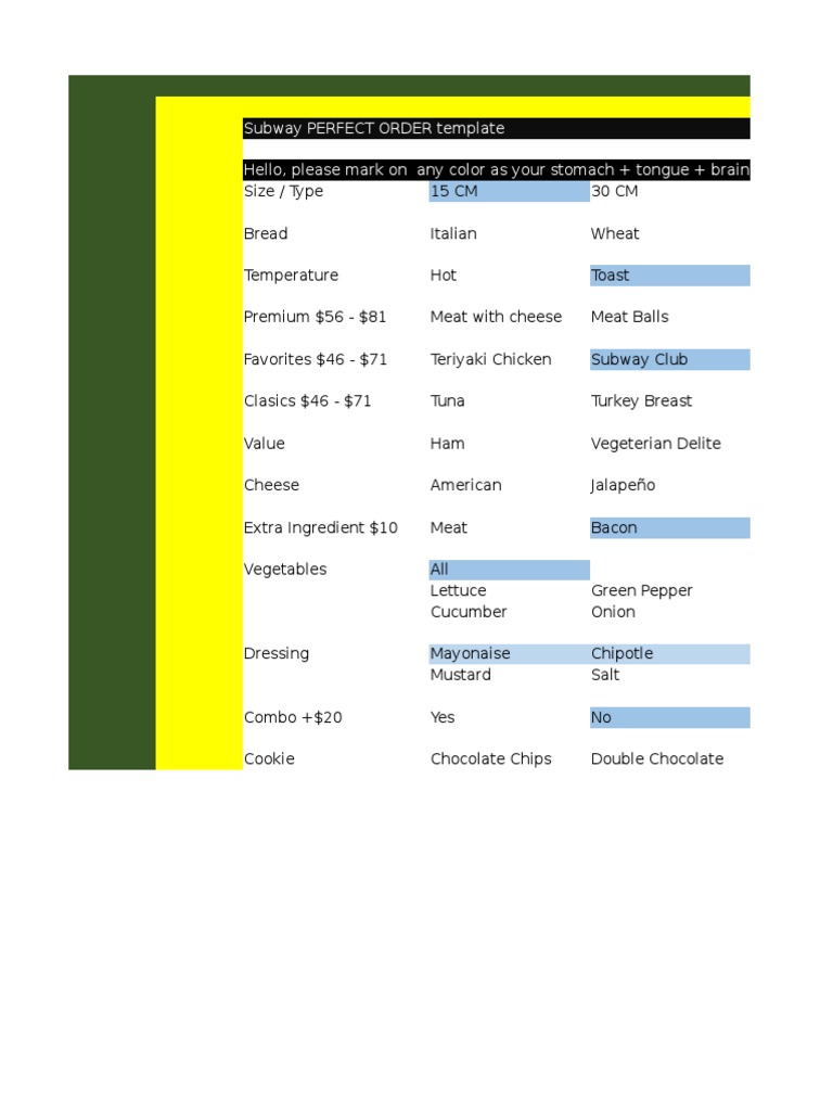 Subway Order Customization Template | PDF | Turkey Meat | Salad