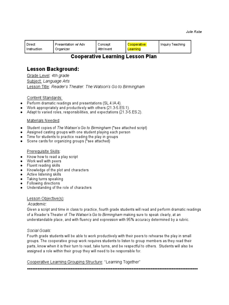 Cooperative Learning Lesson Plan | Lesson Plan | Fluency