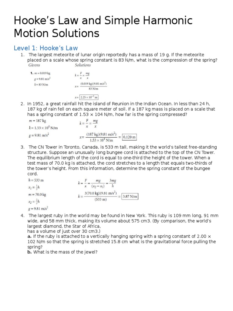Practice Hookes and SHM Solutions | PDF | Force | Mass