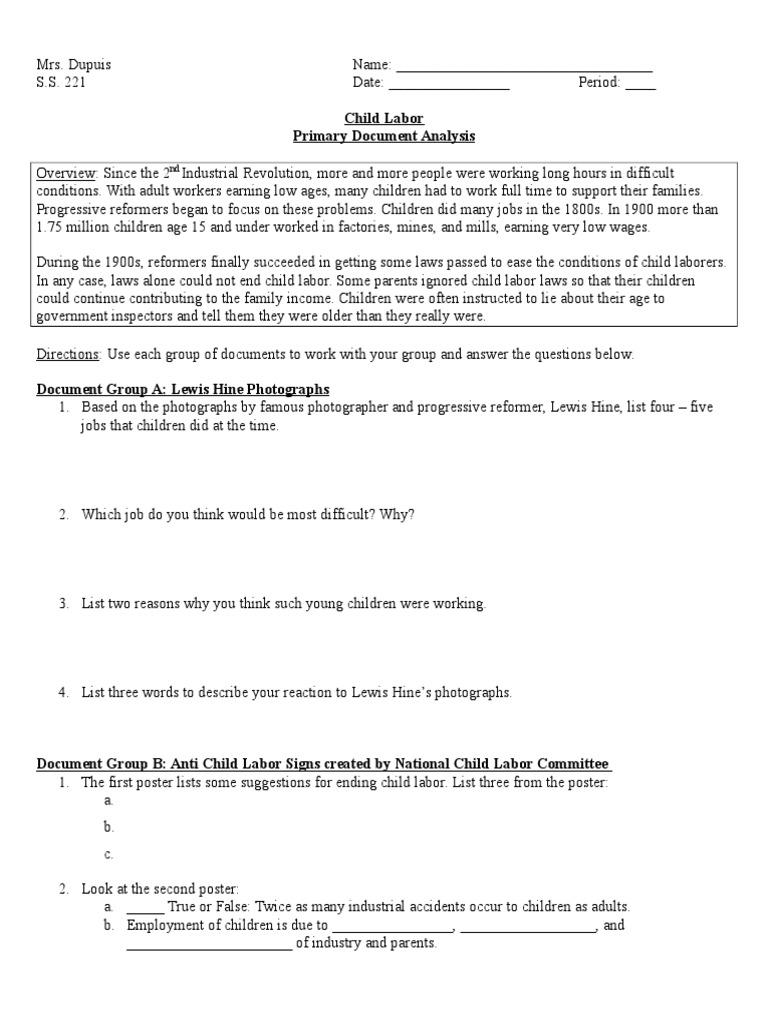 Child Labor Primary Document Analysis Child Labour Labour 