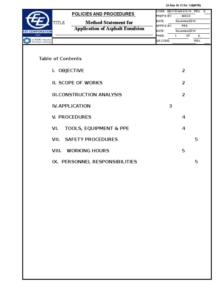 Method Statement - 013 - Application of Asphalt Emulsion | PDF | Road ...
