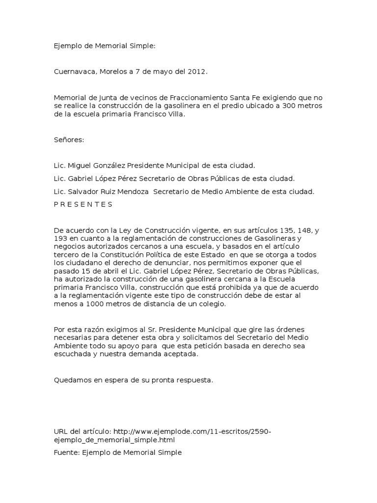 Ejemplo de Memorial Simple | Gobierno | Educación avanzada