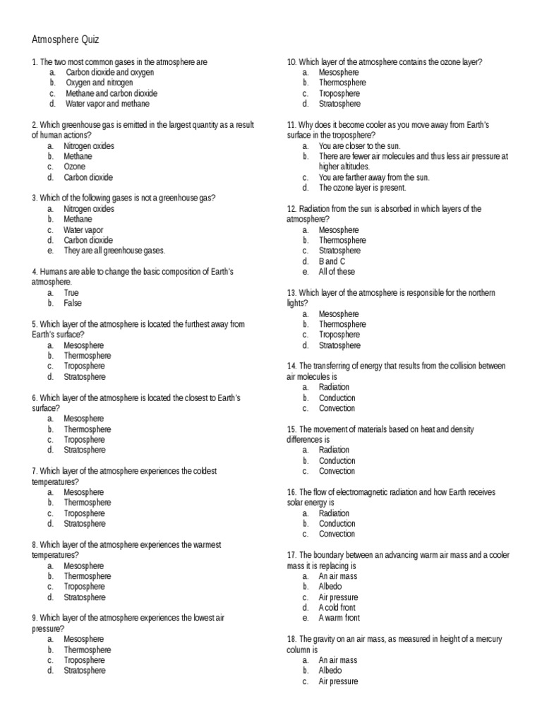 Atmosphere Quiz for APES Students | PDF | Atmospheric Circulation ...