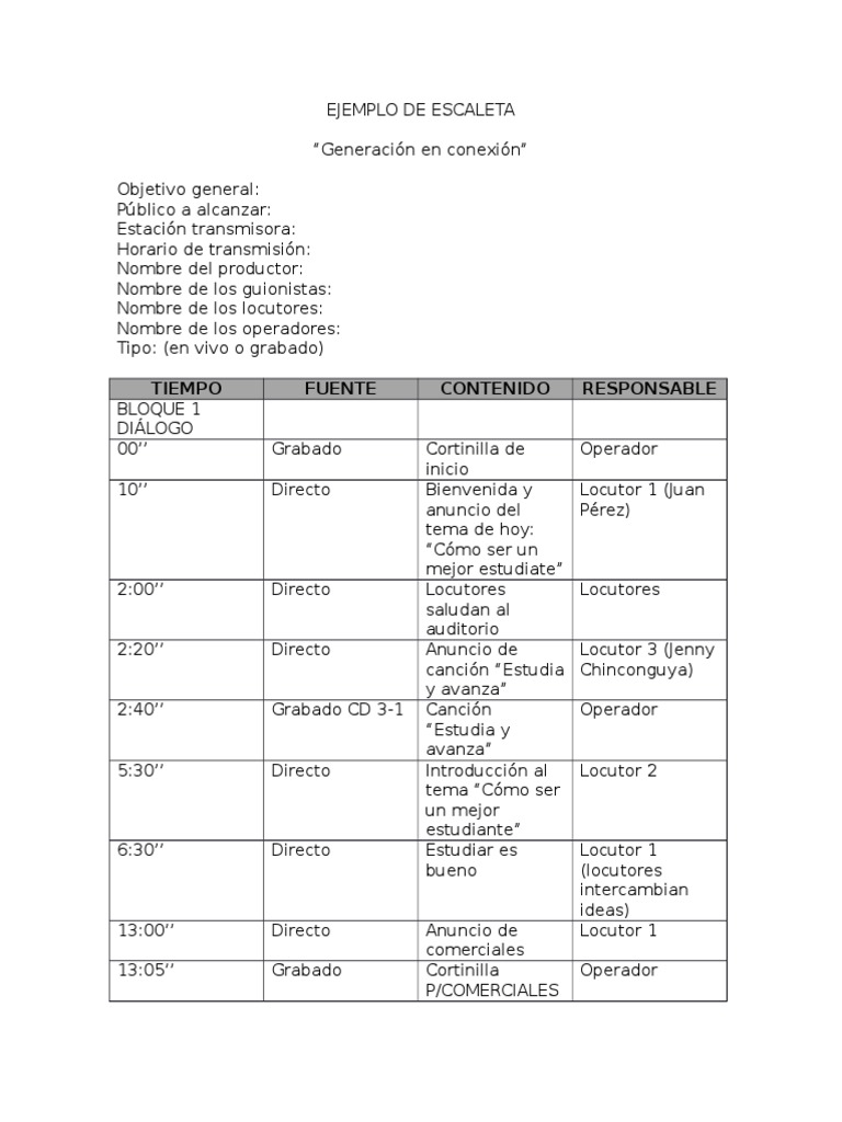 Ejemplo de Escaleta | PDF