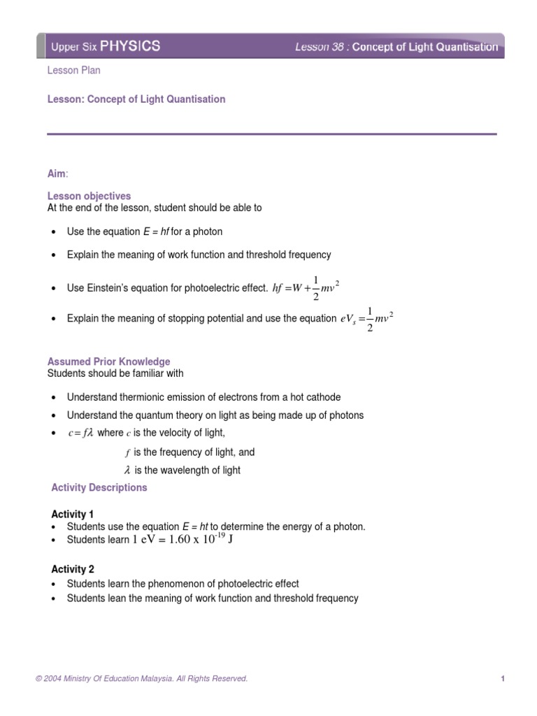 Lesson Plan 38 | PDF | Photoelectric Effect | Light