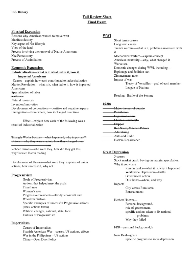 US History Final Exam Review Sheet Short | PDF | Social Science