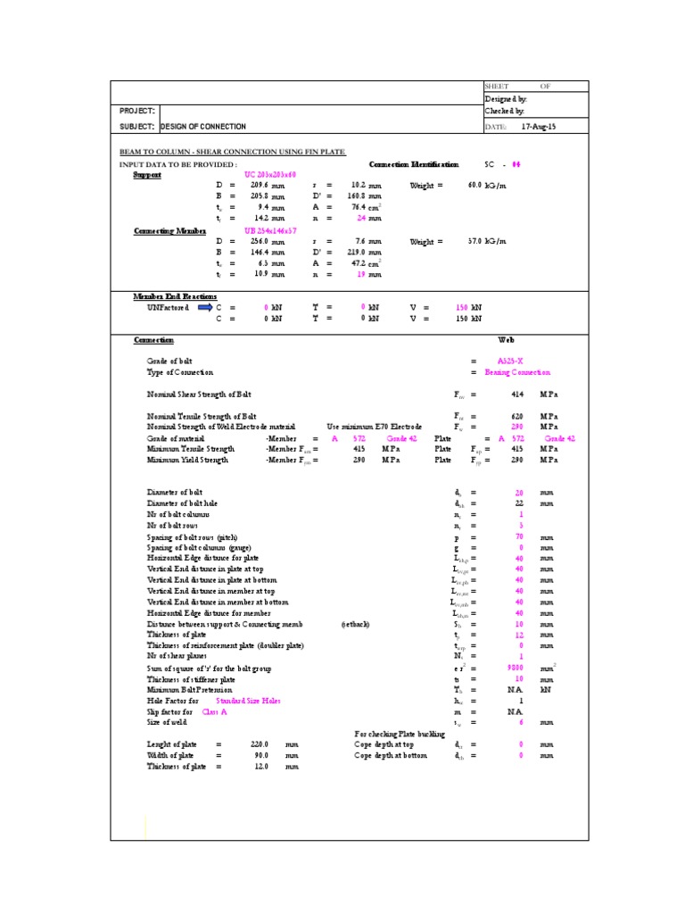 Ub 254 Fin Plate To Column Web - LRFD | PDF | Strength Of Materials ...