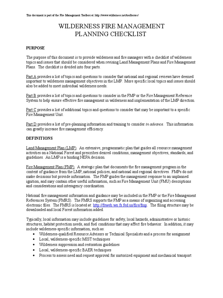 Checklist For Fire Management Planning | PDF | Wilderness | Wildfire