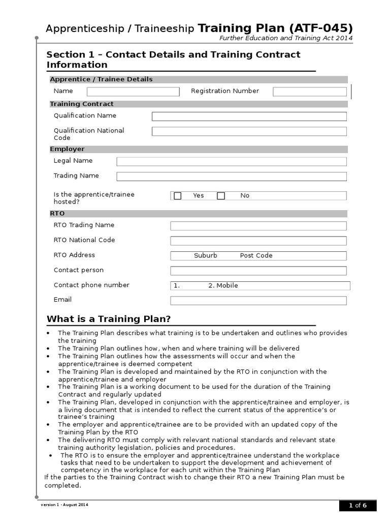 Training Plan for Traineeship | Apprenticeship | Learning