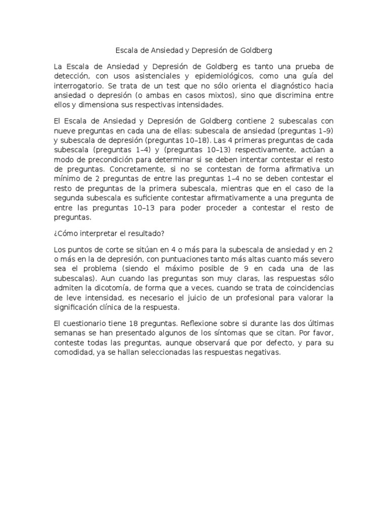 Escala de Ansiedad y Depresión de Goldberg. | Ansiedad | Depresión ...