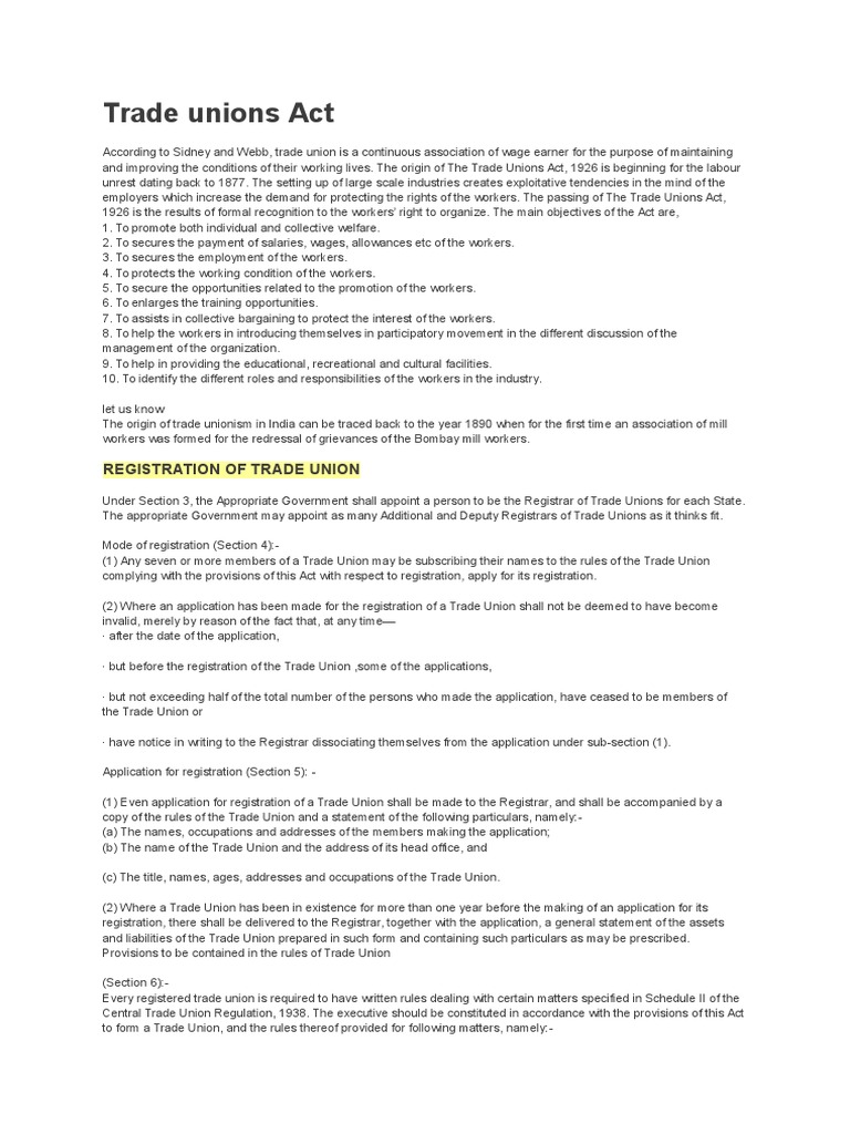 Trade Unions Act: Registration of Trade Union | PDF | Legal Personality ...