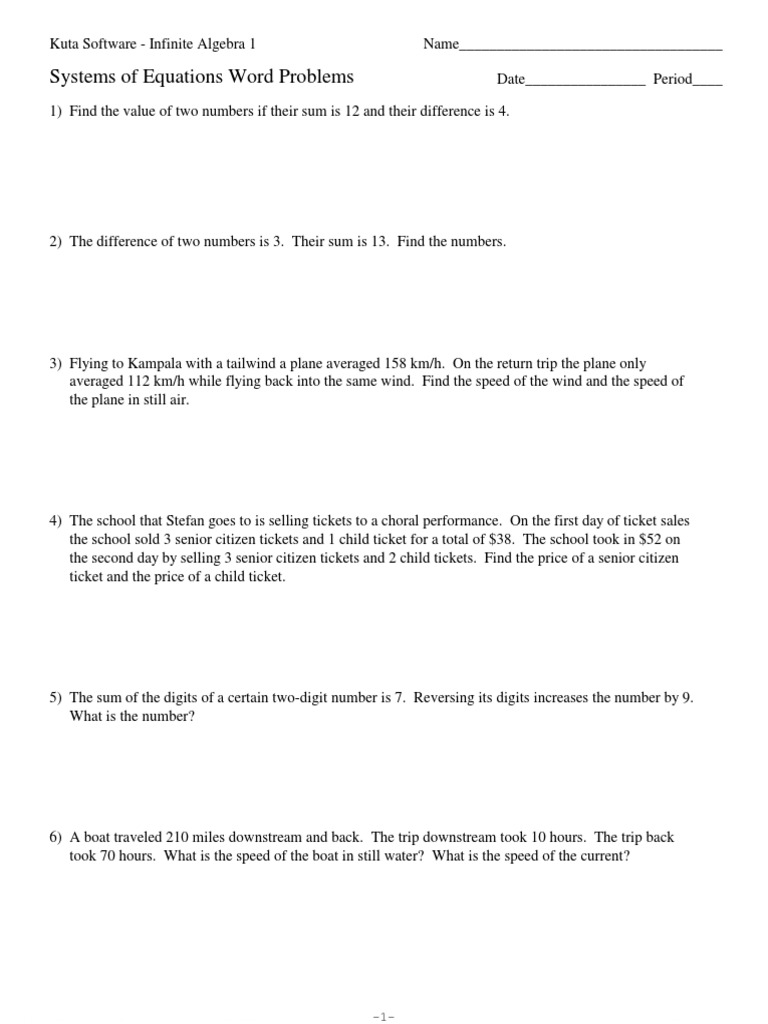 Systems Of Equations Word Problems PDF